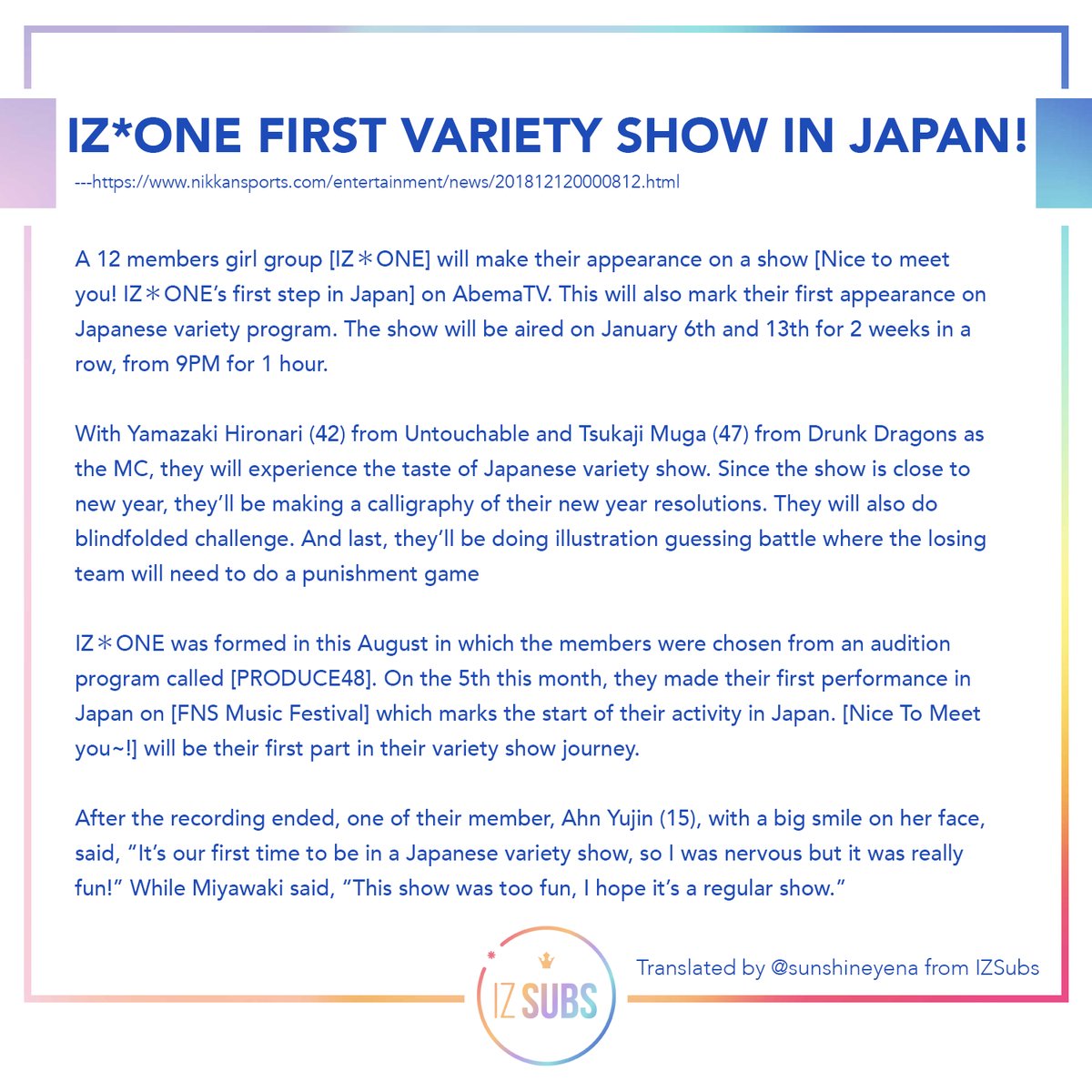 [TRANS] Nikkan Sports –IZ*ONE’s First Japanese Variety Show– – IZ*SUBS