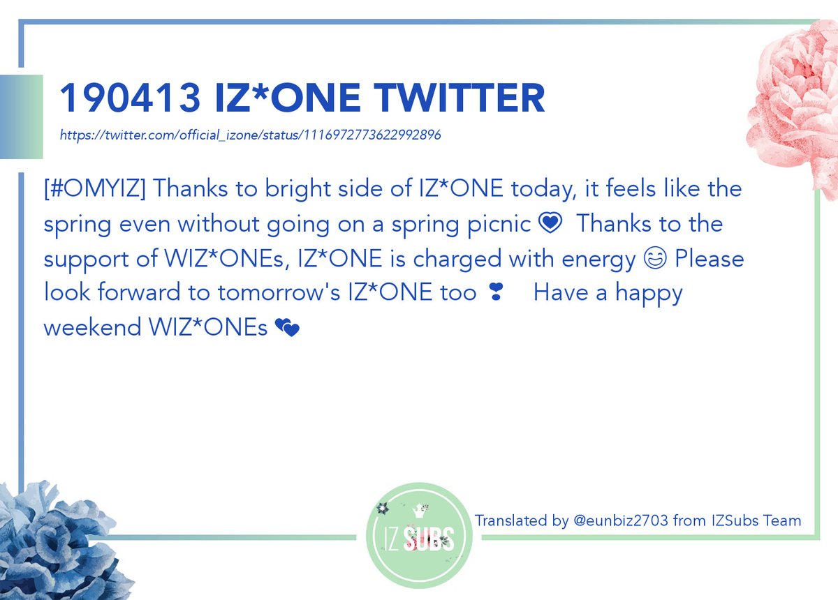 [TRANS] 190413 IZ*ONE Twitter Update – IZ*SUBS